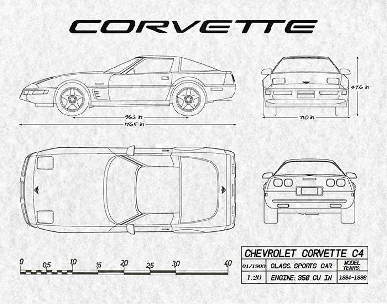 Corvette C4 Drawing Chevy Corvette C4 Poster Chevrolet | Etsy