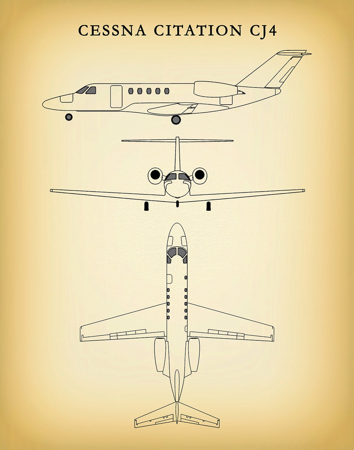 Cessna CJ4 Drawing, Cessna Citation CJ4 Jet Blueprint, Cessna Art Print ...
