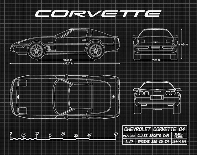 Corvette C4 Drawing Chevy Corvette C4 Poster Chevrolet | Etsy