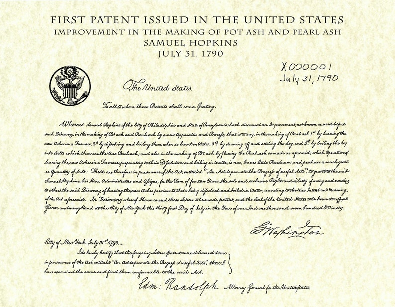 1790 First US Patent Print Issued by the United States Signed | Etsy
