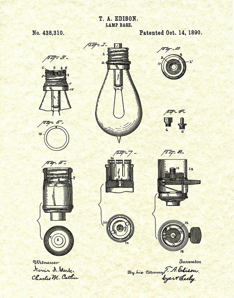 1890 Thomas Edison Patent Print Edison Light Bulb Patent - Etsy