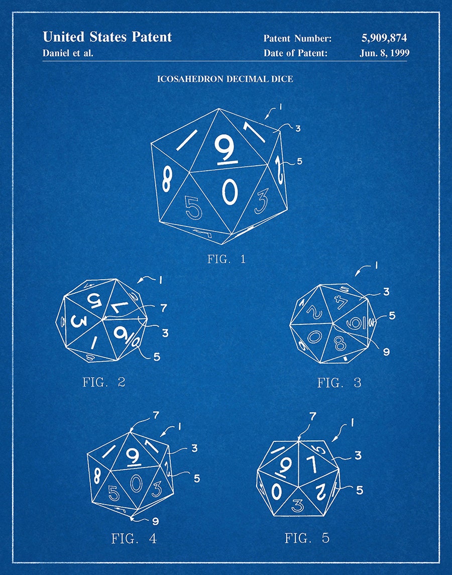 1999 Dice Patent Print Icosahedron Decimal Dice Blueprint - Etsy Canada
