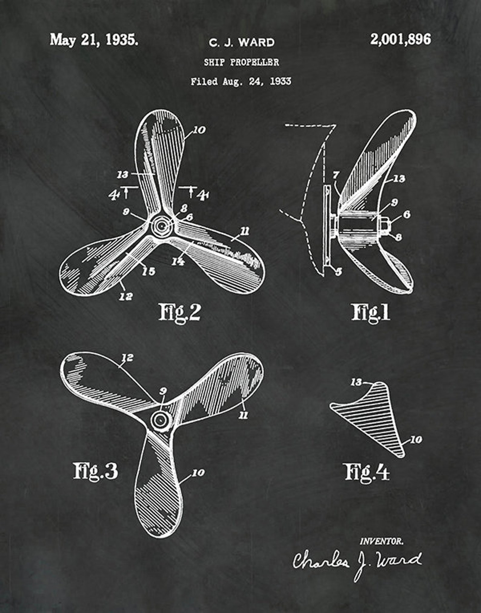 1935 Ship Propeller Patent Art Print, Ship Propeller Poster Nautical ...