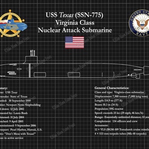 USS Texas SSN 775 Submarine Drawing, Virginia Class Submarine Blueprint ...