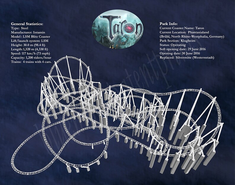 Taron Roller Coaster Drawing Phantasialand Roller Coaster - Etsy