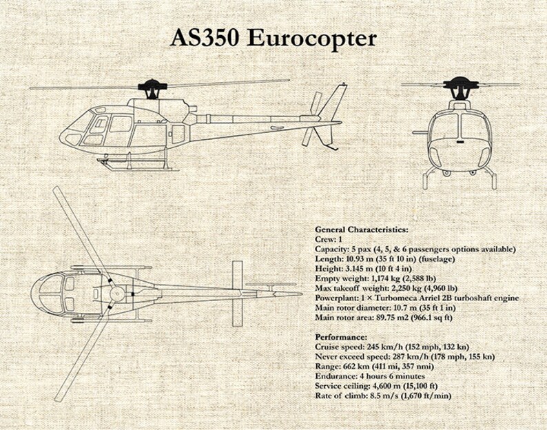 AS350 Eurocopter Art Print AS350 Helicopter Blueprint - Etsy