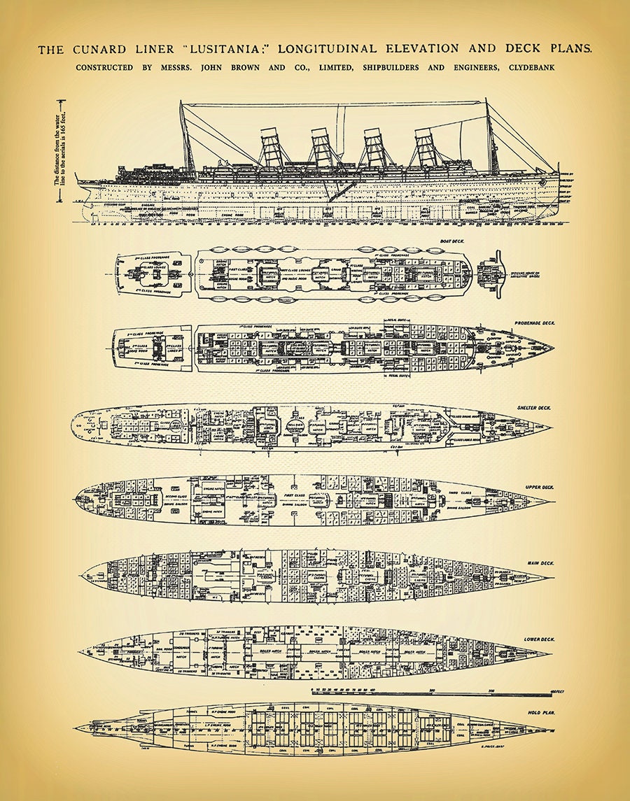 R.M.S. Lusitania Poster - Lusitania Ship Print - Lusitania Blueprint ...