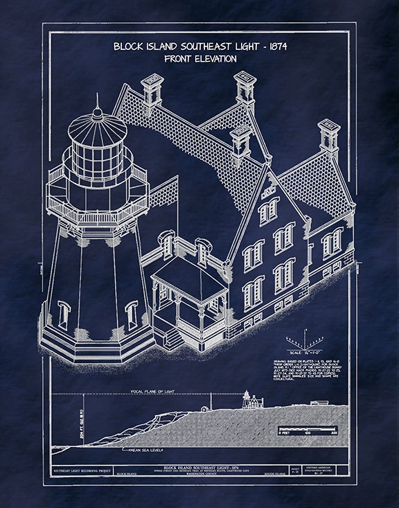 1874 Block Island Lighthouse Drawing, Block Island Lighthouse Front ...