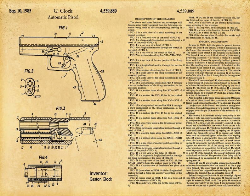 1985 Glock Pistol Patent Print Version 2 Art Print Poster - Etsy