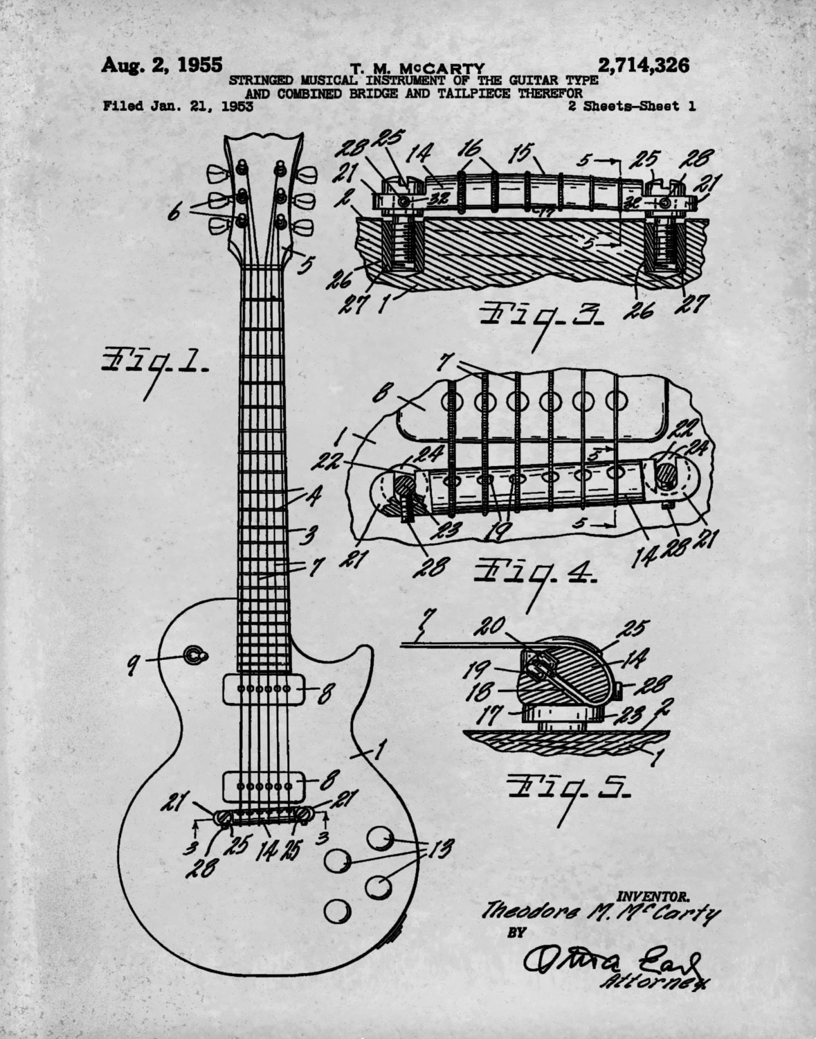 1955 Gibson Guitar Patent Print Les Paul Patent Print - Rock Band ...
