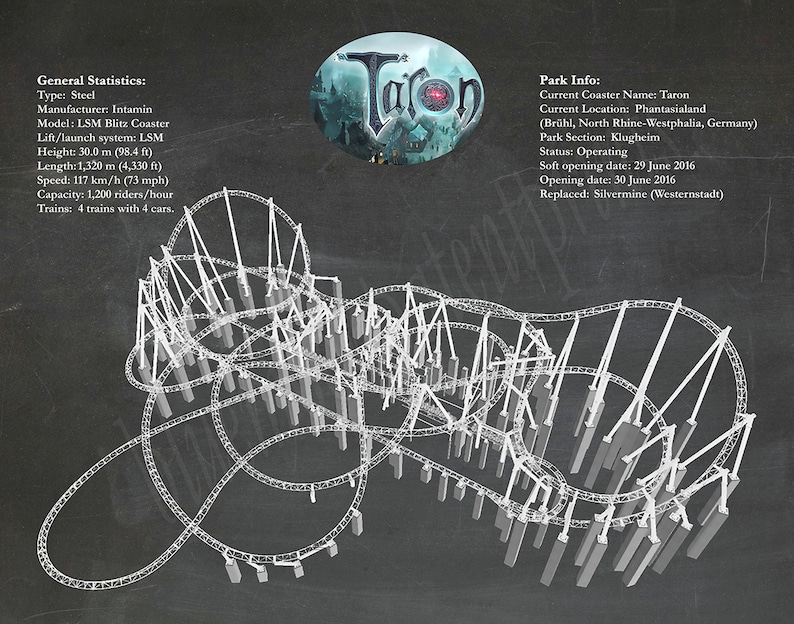 Taron Roller Coaster Drawing Phantasialand Roller Coaster - Etsy