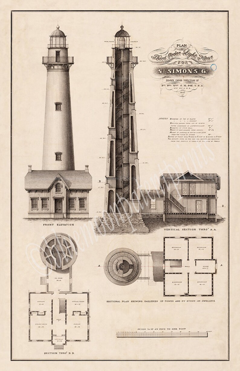 Saint Simons Lighthouse Drawing St. Simons Lighthouse Poster - Etsy