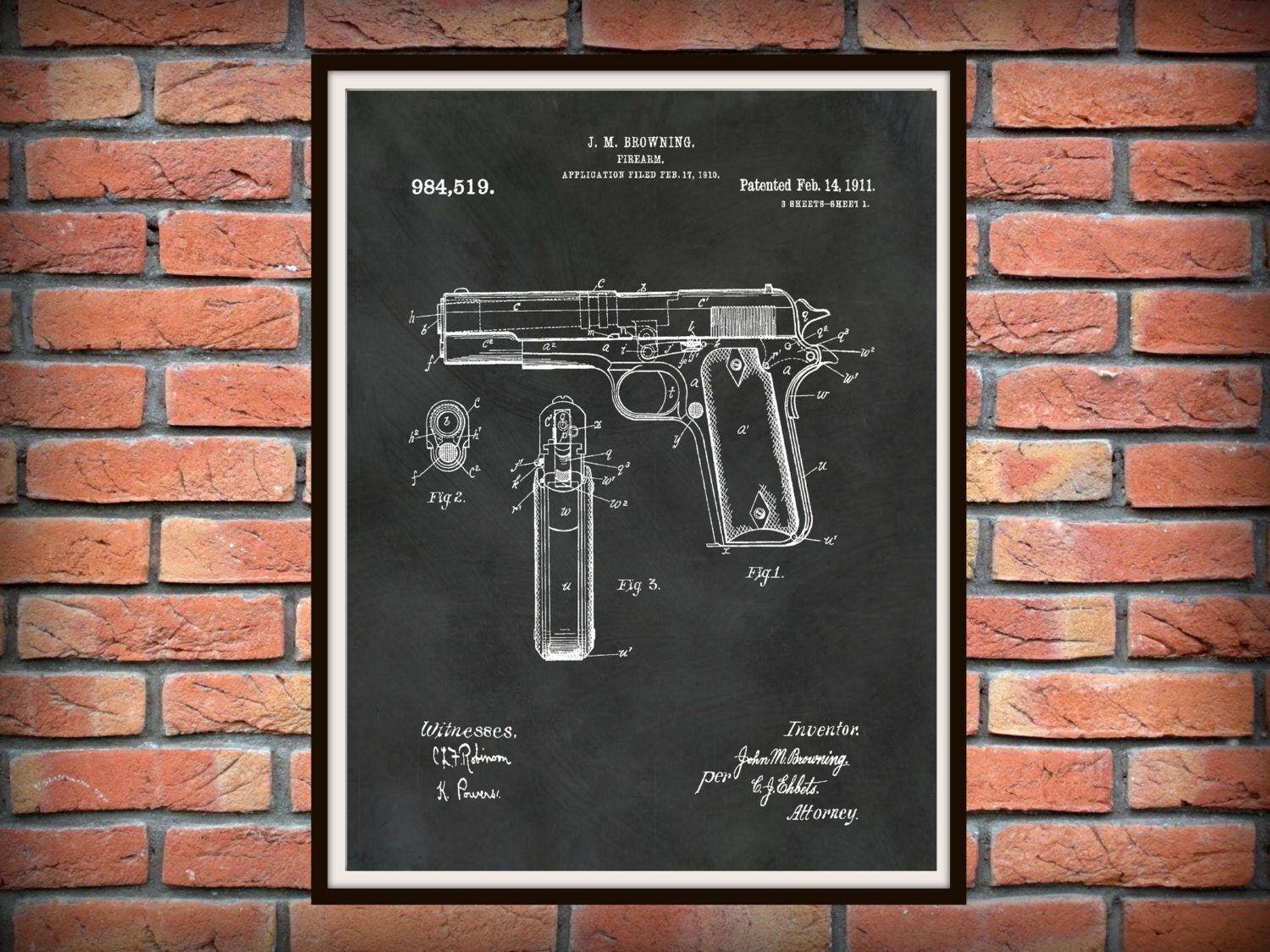 M1911 Browning Pistol Patent Print .45 Caliber Pistol - Poster ...