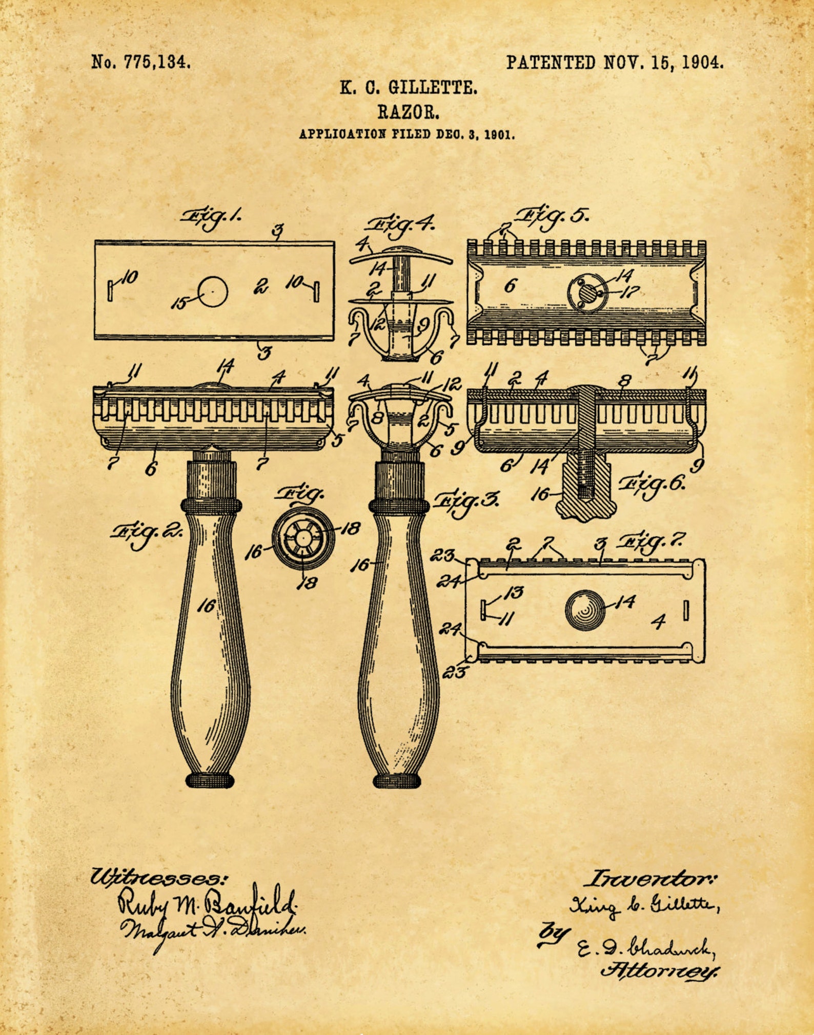 1904 Gillette Razor Patent Print Bathroom Decor Barber - Etsy