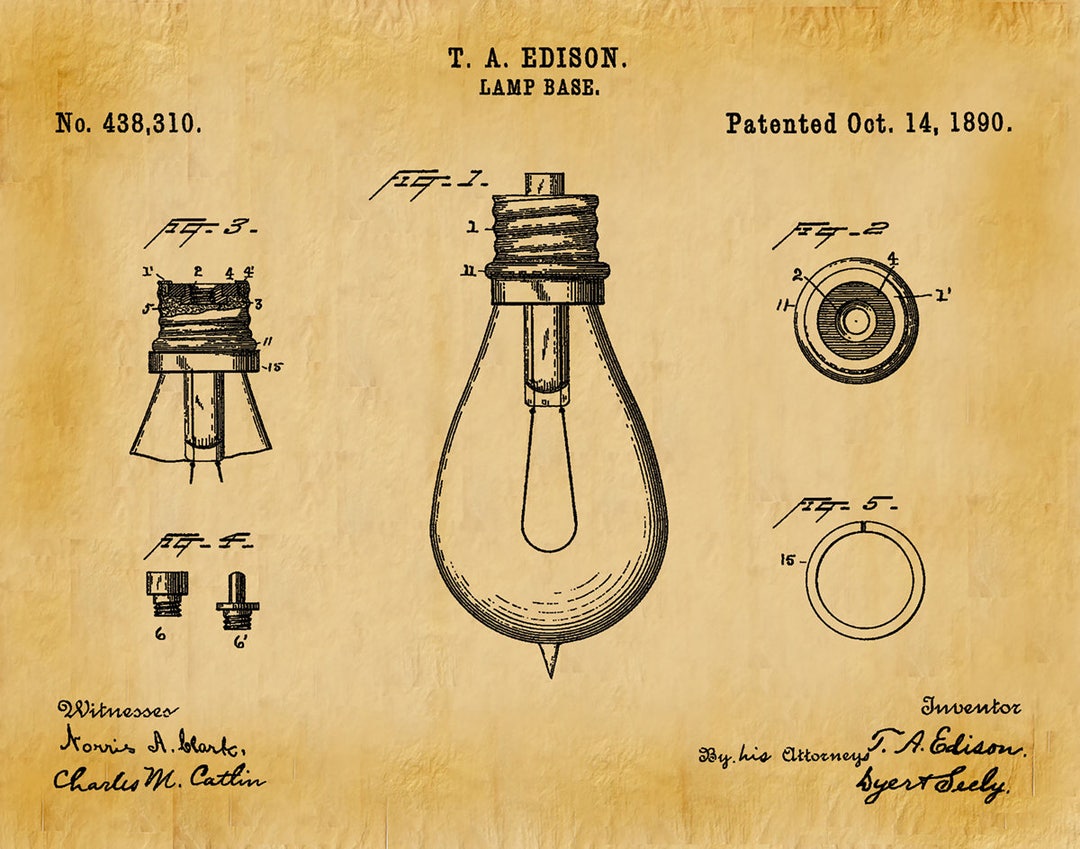 1890 Edison Light Bulb Patent Print Vers #2, Thomas Edison Invention ...