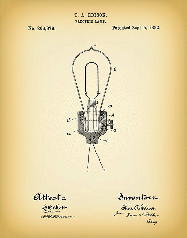 1882 Thomas Edison Patent Print Edison Electric Light Bulb Poster