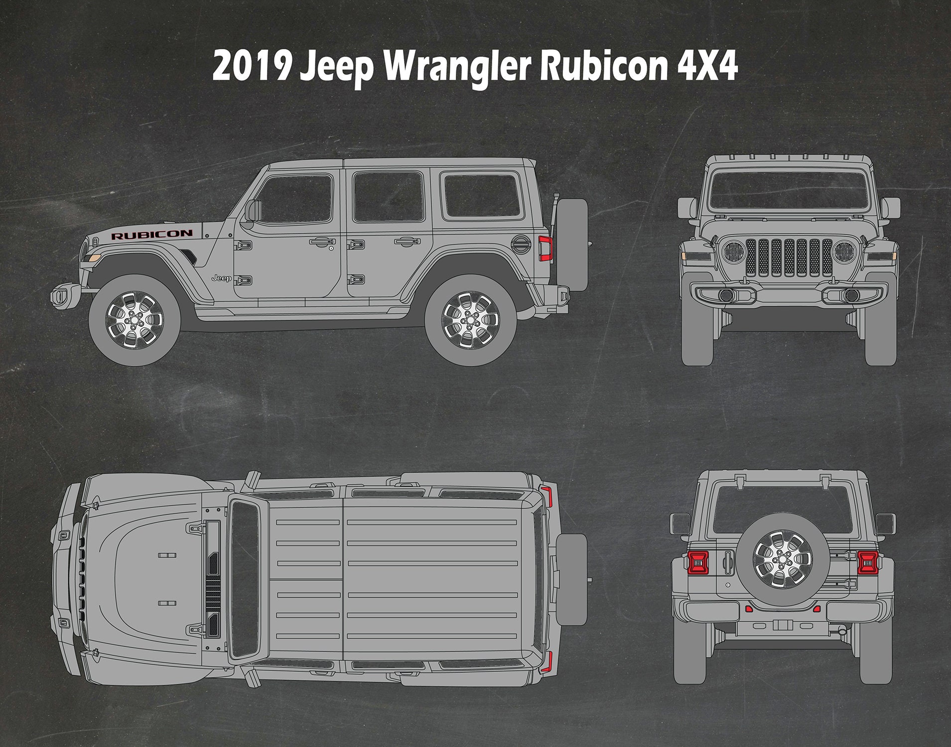2019 Jeep Wrangler Rubicon Drawing Jeep Rubicon Blueprint | Etsy UK