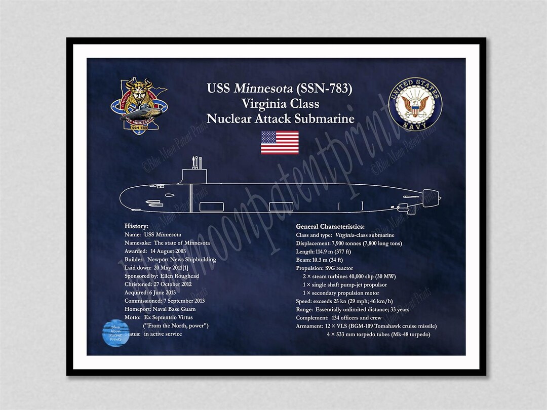 USS Minnesota SSN-783 Submarine Art Print, Virginia Class Submarine ...
