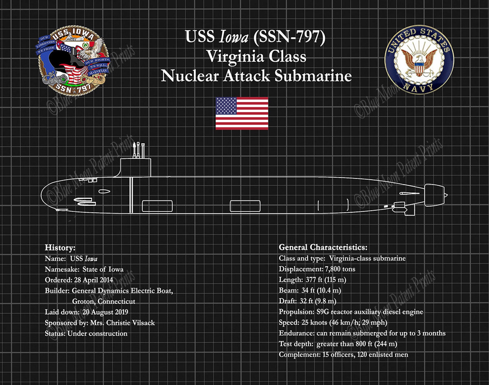 USS Iowa SSN 797 Drawing, Virginia Class Submarine Blueprint, USS Iowa ...