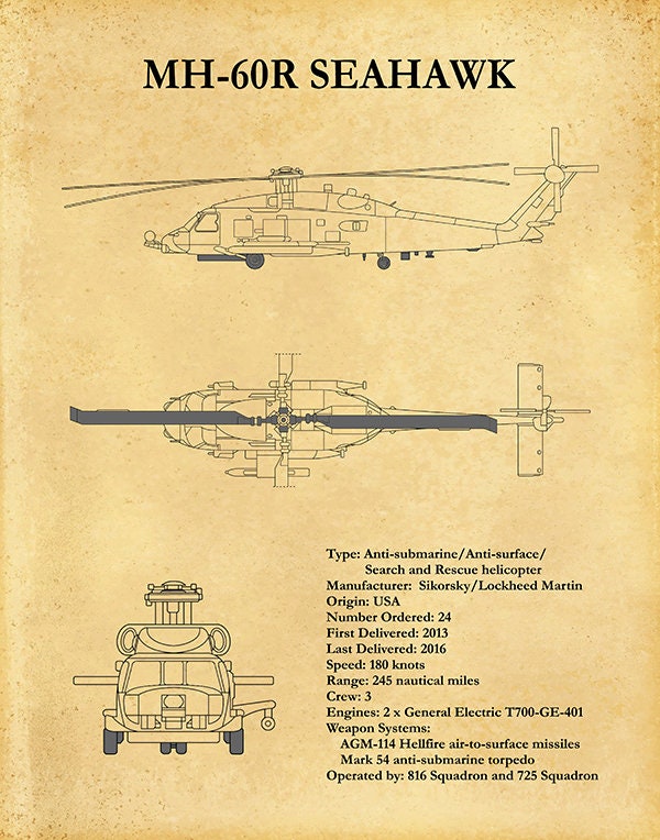 MH-60R Seahawk Helicopter Art Print, Sikorsky MH-60R Sea Hawk Blueprint ...