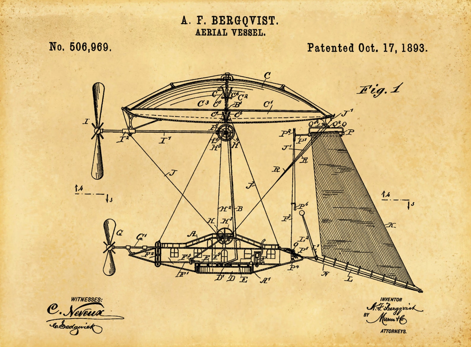 Patent 1894 Aerial Vessel Flying Machine Art Print Poster | Etsy