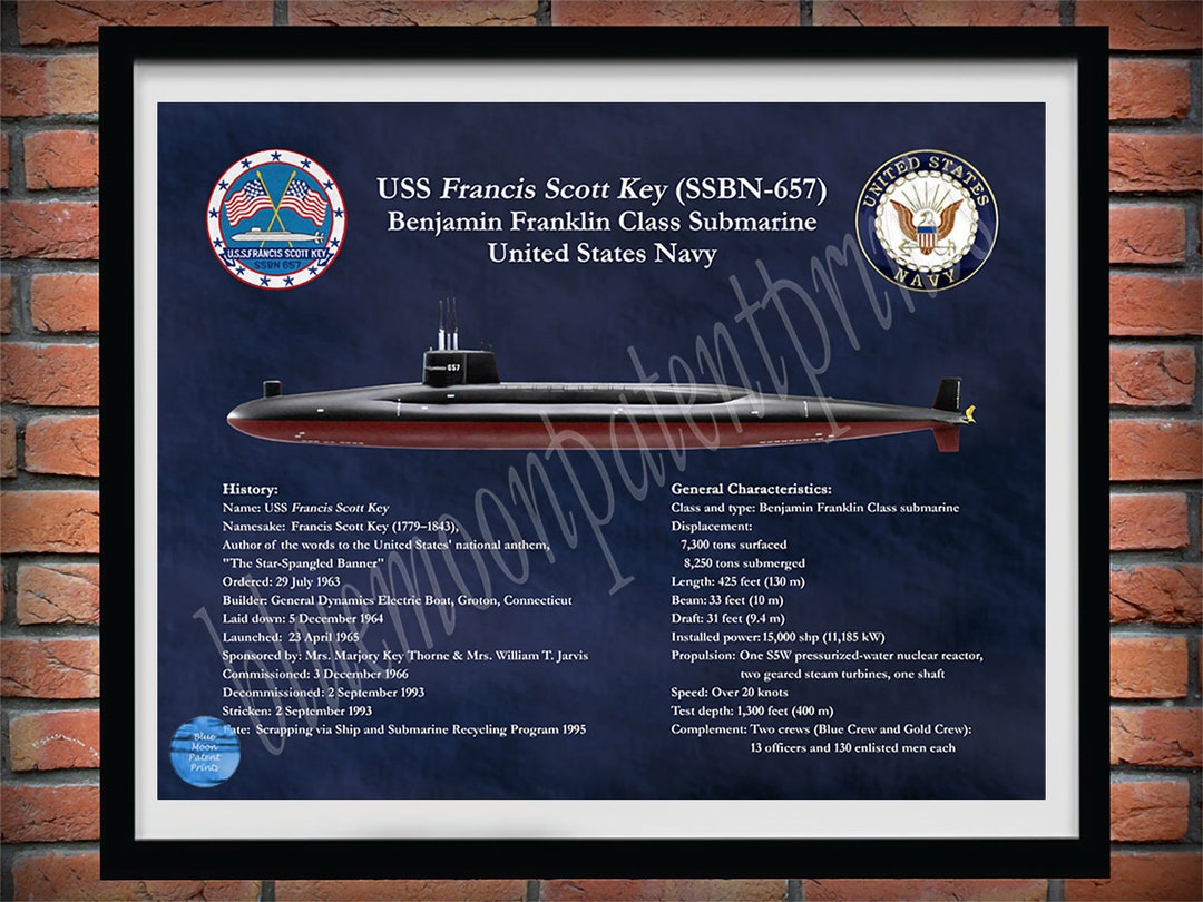 USS Francis Scott Key SSBN-657 Submarine Drawing, Benjamin Franklin Class Submarine Poster, USS ...