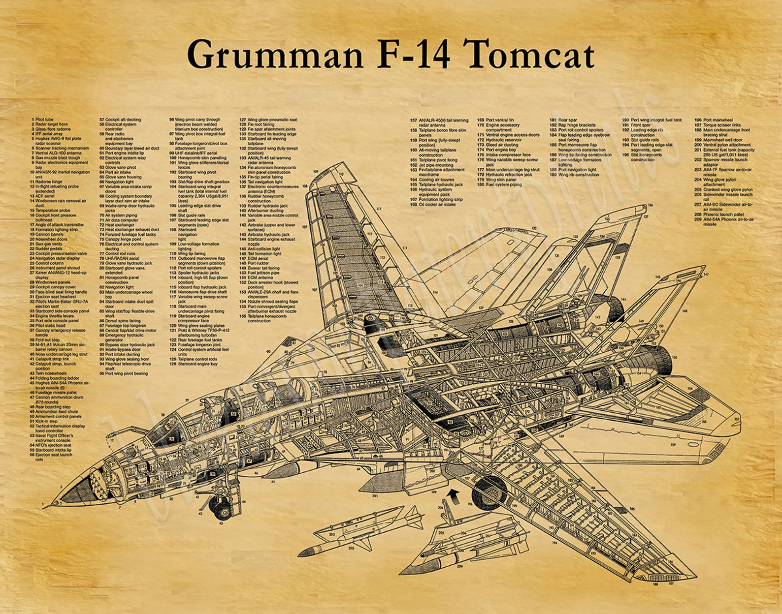 F-14 Tomcat Cutaway Drawing, F14 Fighter Jet Poster, Grumman F-14A ...
