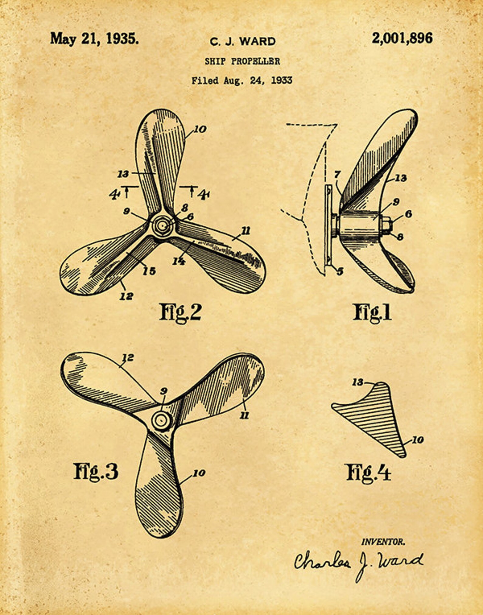 1935 Ship Propeller Patent Art Print, Ship Propeller Poster Nautical ...