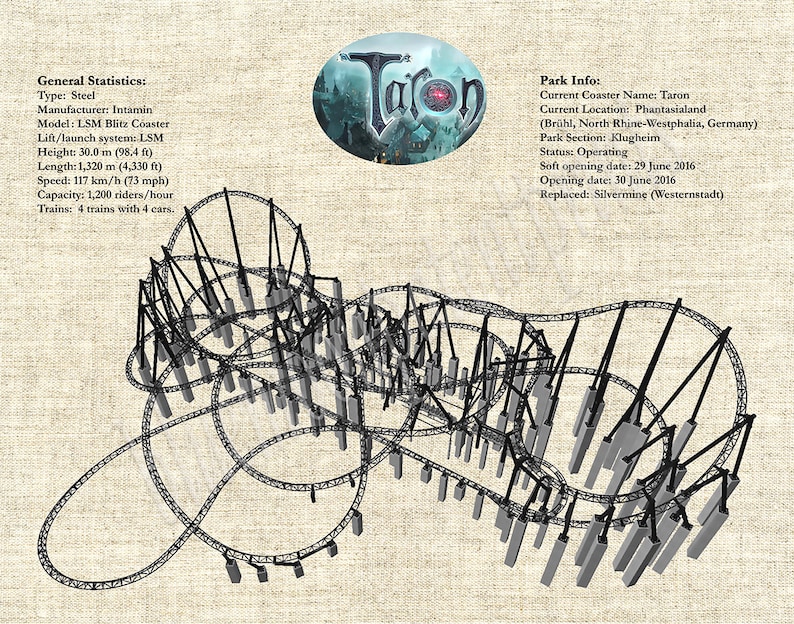 Taron Roller Coaster Drawing Phantasialand Roller Coaster - Etsy
