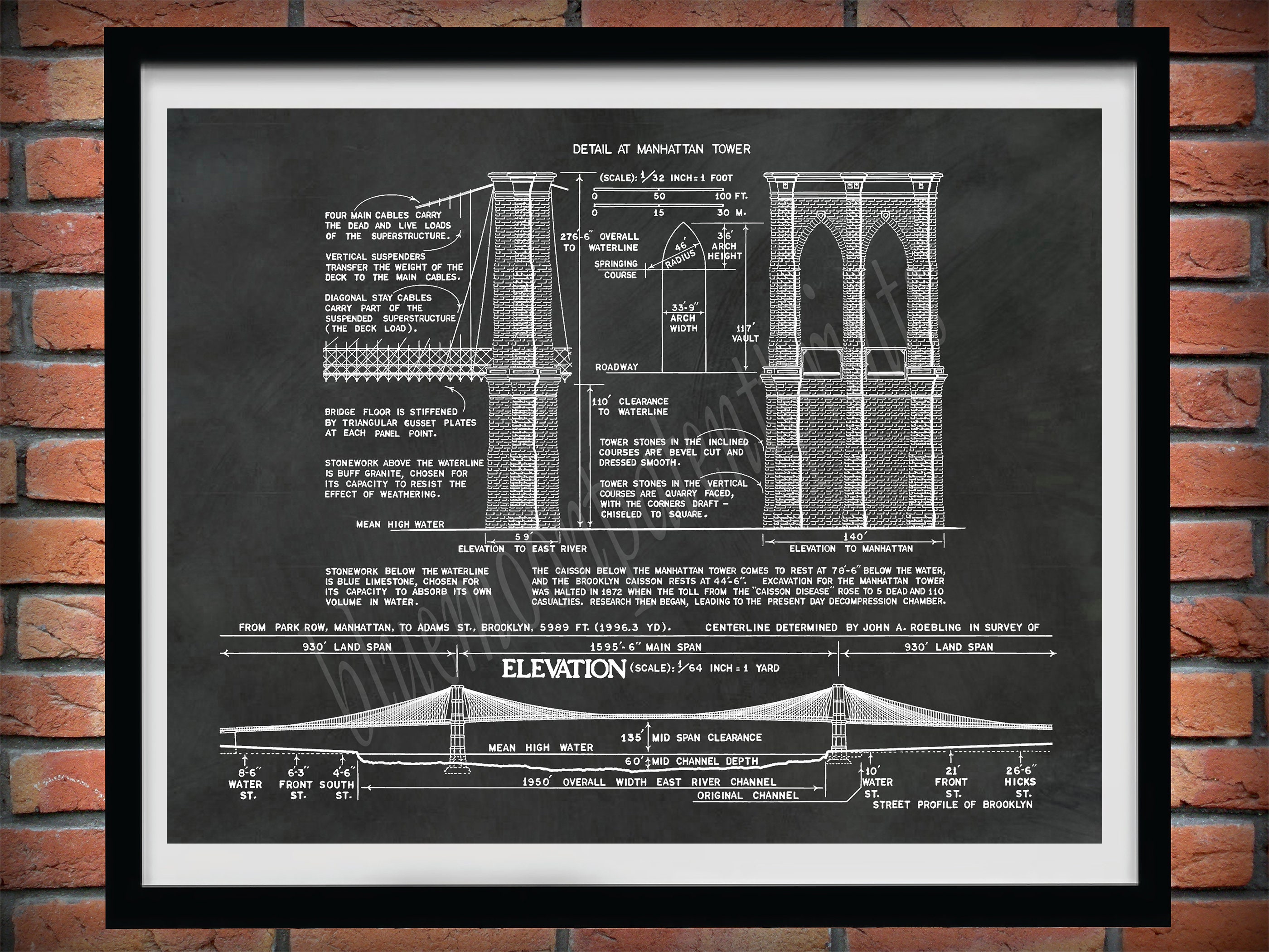 Brooklyn Bridge Drawing, Brooklyn Bridge architectural blueprint, 1870 ...