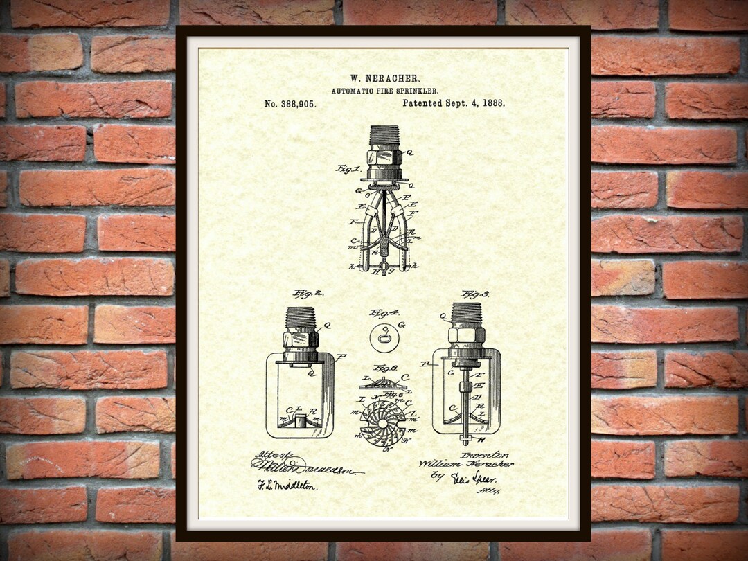 1888 Fire Sprinkler Patent Print, Fire Sprinkler Poster, Firehouse ...