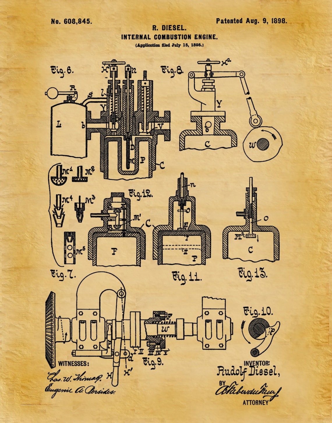 1898 Diesel Engine Patent Print Invented by Rudolf Diesel - Etsy