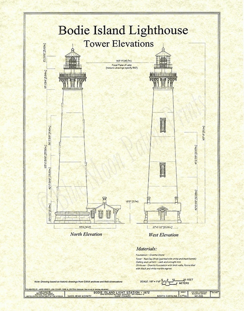 1872 Bodie Island Lighthouse Drawing, Body Island Lighthouse Blueprint ...