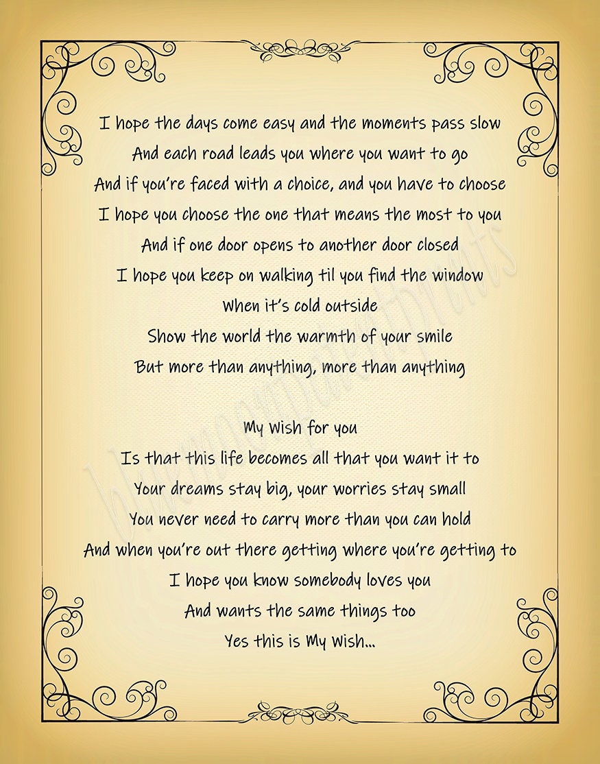 My Wish For You Lyrics Art Print, Rascal Flatts Song Lyrics Poster ...