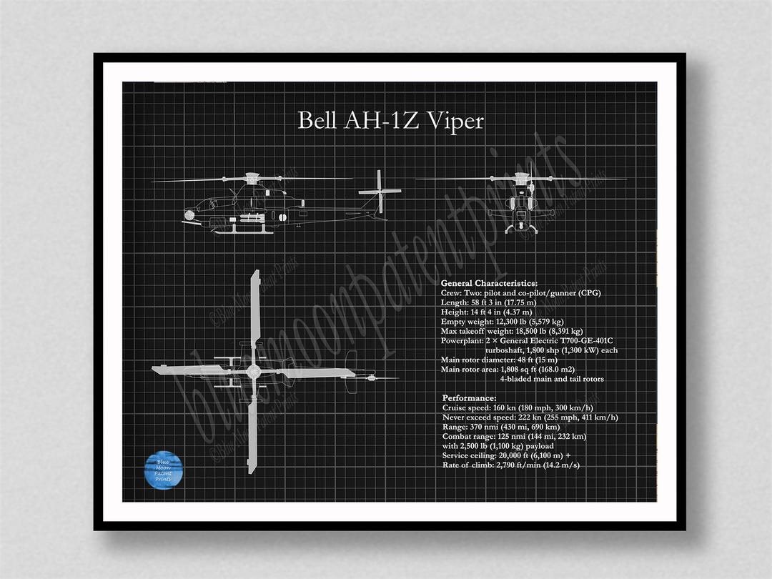 Bell AH-1Z Viper Print, Ah-1z Blueprint, Ah-1z Viper Zulu Poster, Ah-1z ...