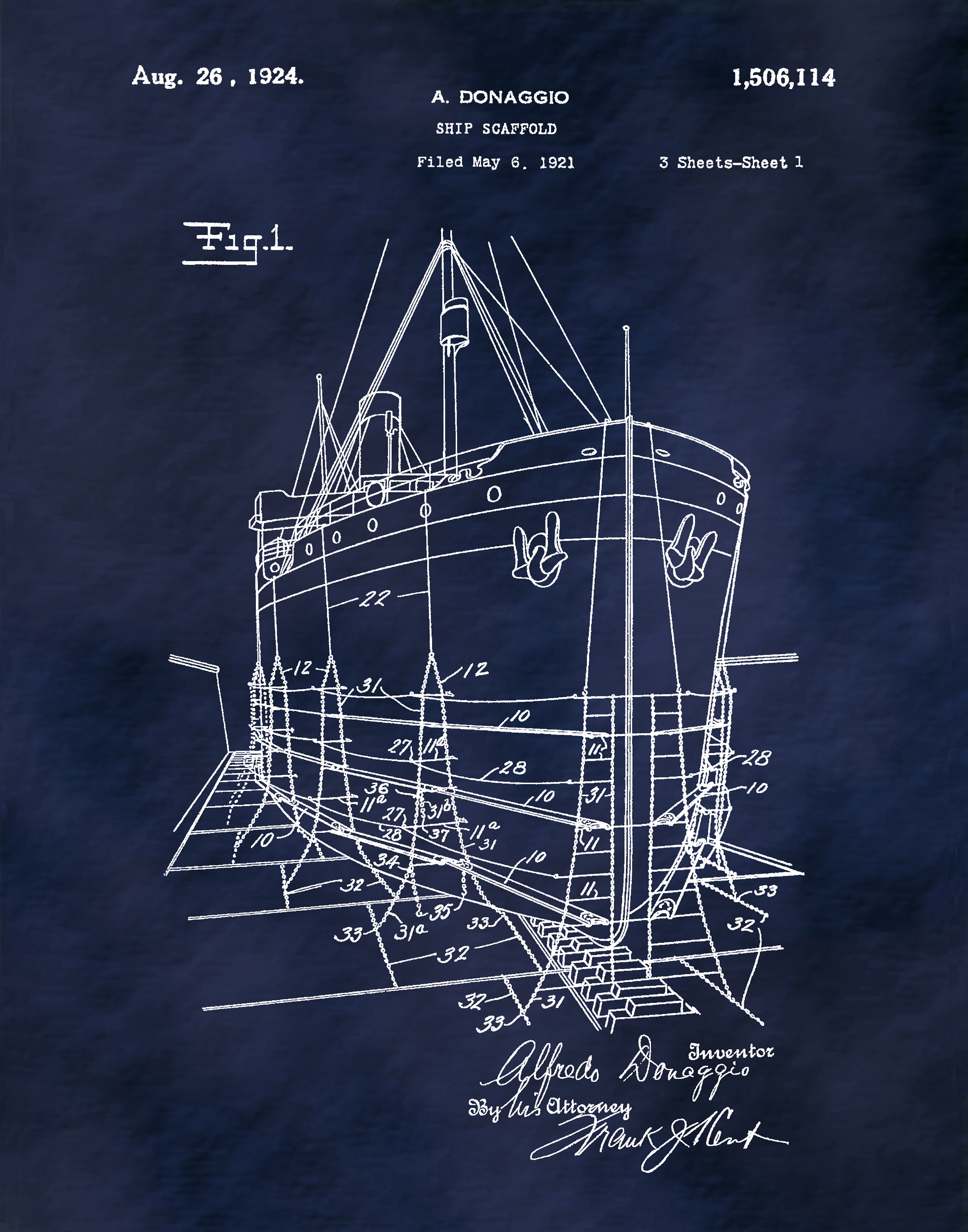 1924 Ship Scaffold Patent Print Vintage Ship Poster Nautical Decor