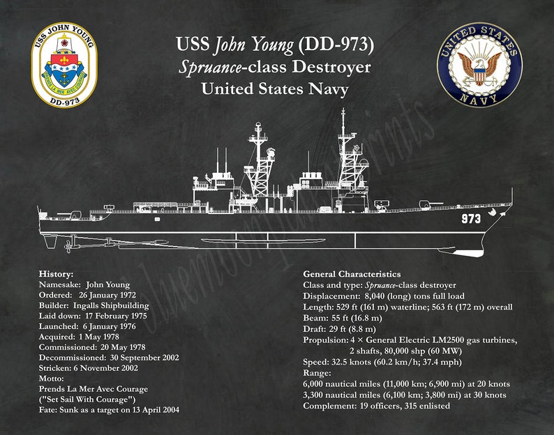 USS John Young DD-973 Drawing Spruance Class Destroyer - Etsy