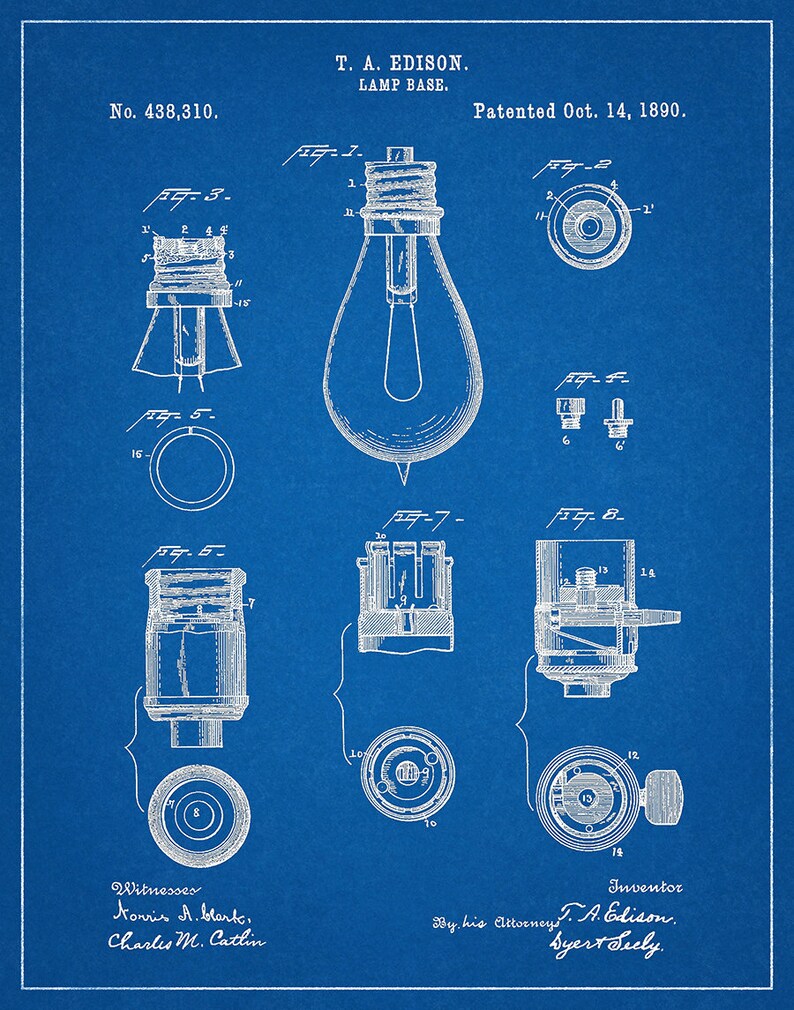 1890 Thomas Edison Patent Print Edison Light Bulb Patent | Etsy