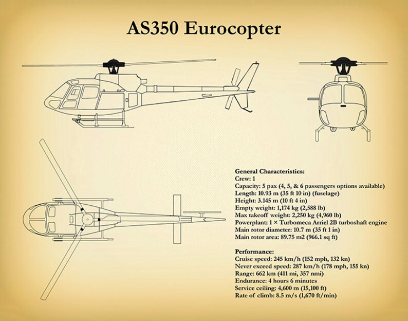 AS350 Eurocopter Art Print AS350 Helicopter Blueprint - Etsy