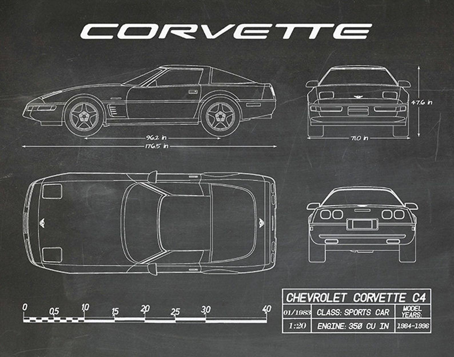 Corvette C4 Drawing Chevy Corvette C4 Poster Chevrolet | Etsy