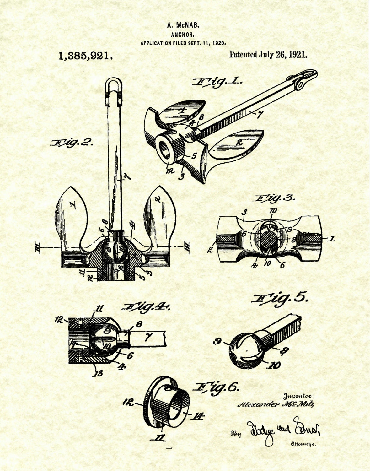 1921 Ship Anchor Patent Print - McNab Anchor Blueprint - Boat Anchor ...