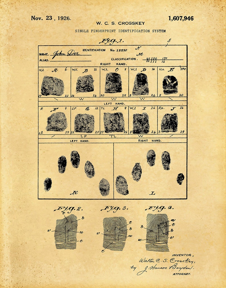1926 Fingerprint ID Patent Print Identification System Art - Etsy