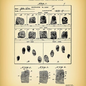 1926 Fingerprint ID Patent Print, Fingerprint Identification System Art ...