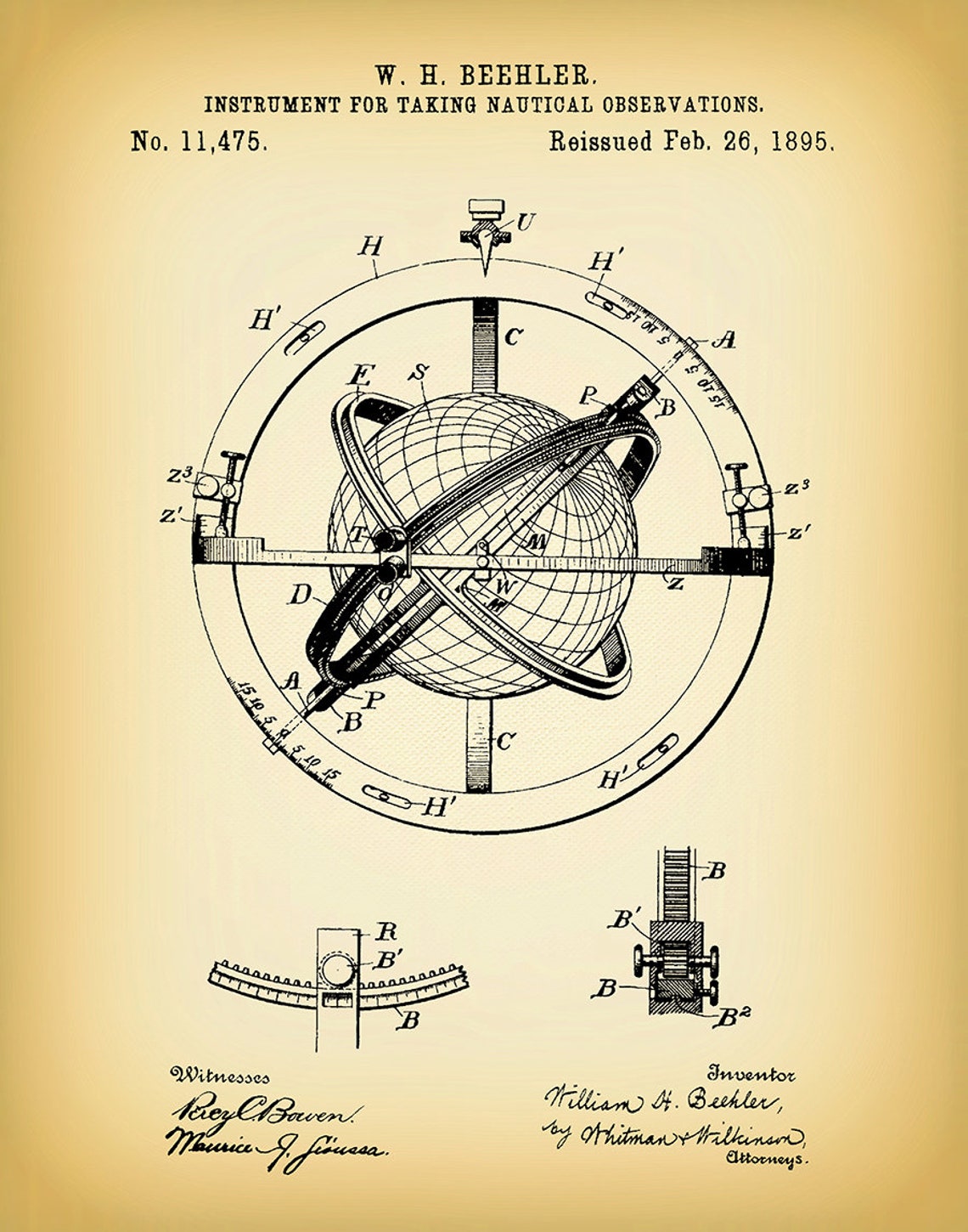 1895 Nautical Observation Patent Print Compass Patent Print | Etsy