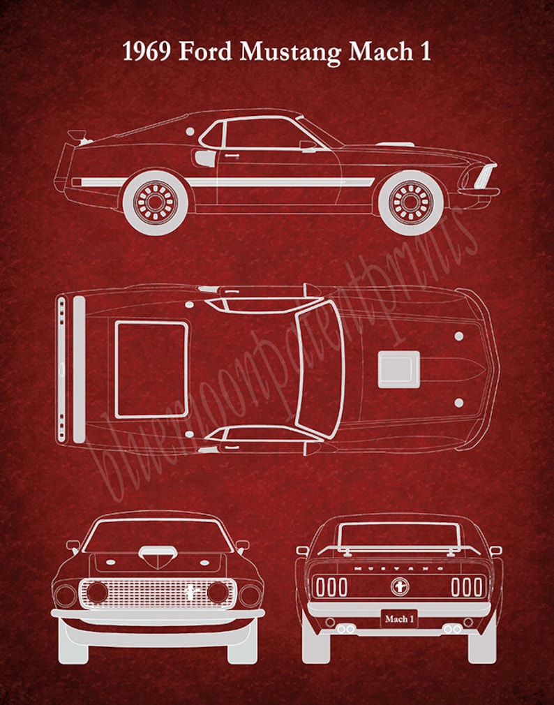 1969 Ford Mustang Mach 1 Poster Mustang Mach 1 Drawing - Etsy