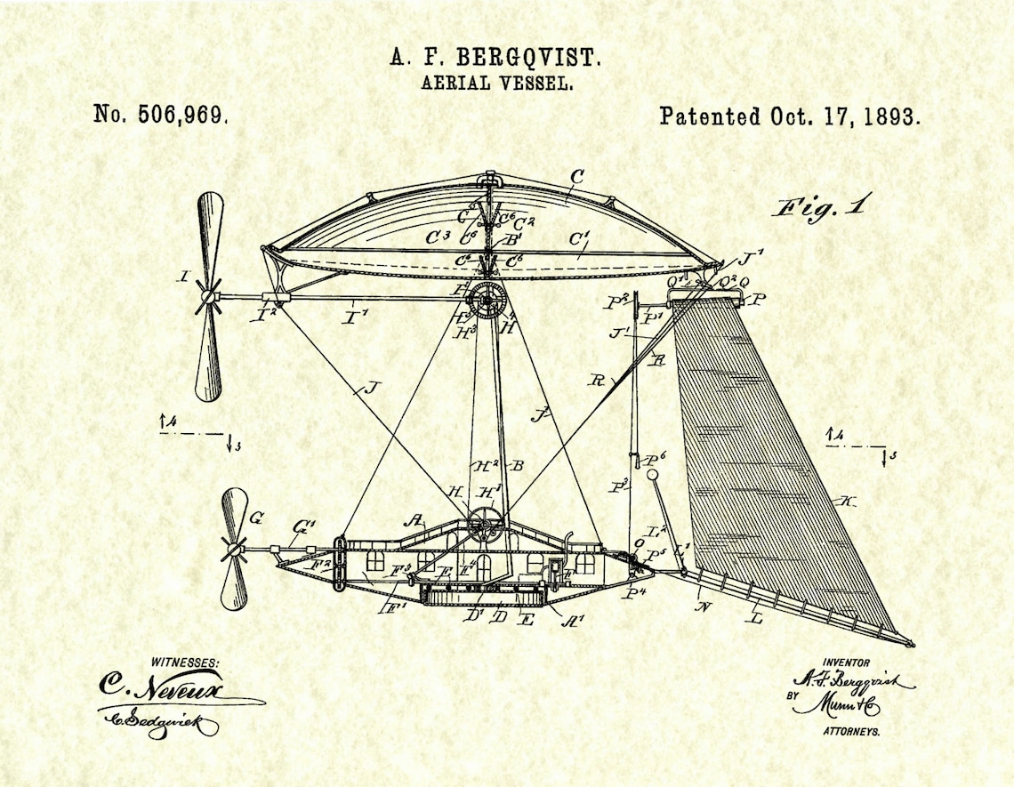 Patent 1894 Aerial Vessel Flying Machine Art Print Poster | Etsy