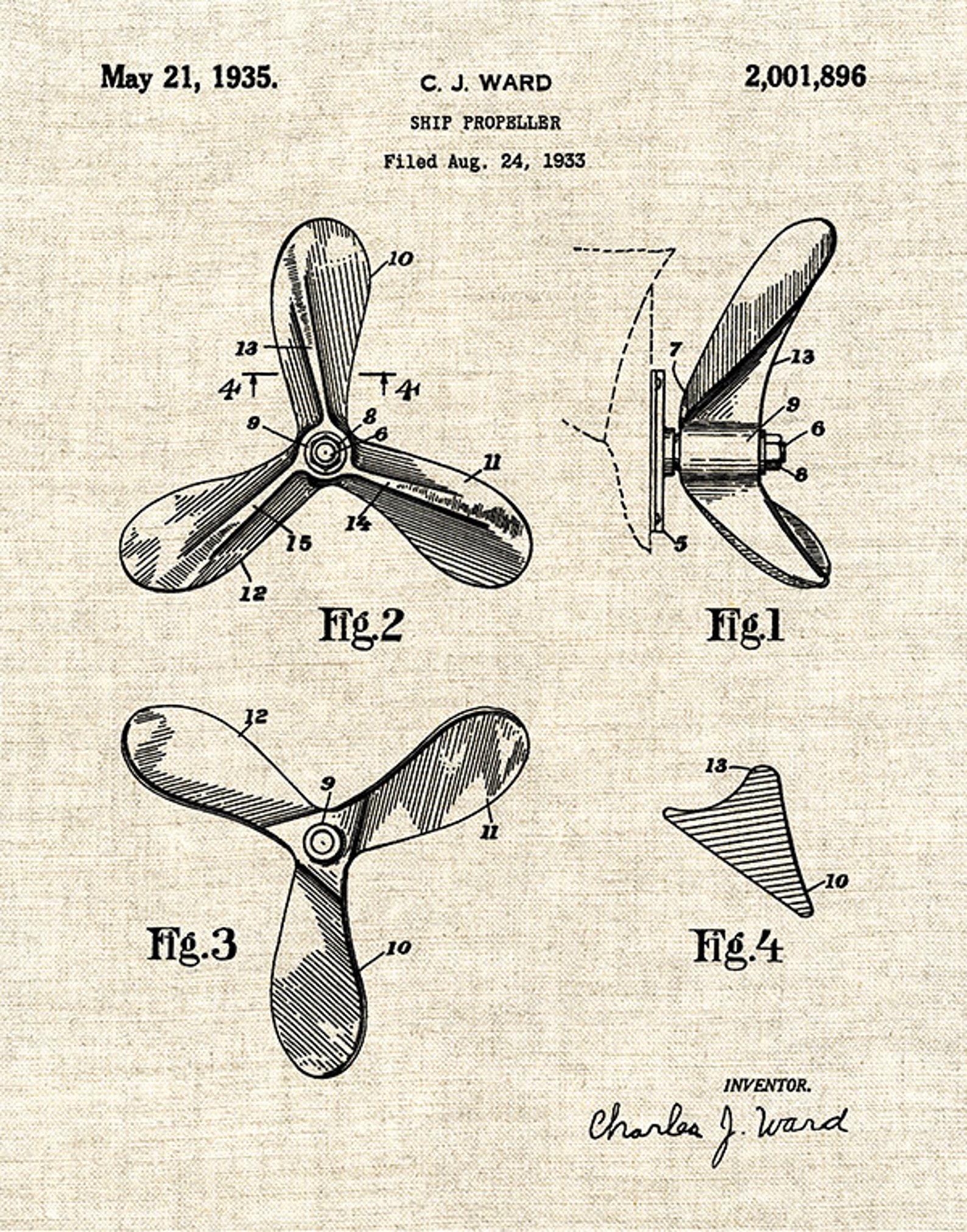 1935 Ship Propeller Patent Art Print, Ship Propeller Poster Nautical ...