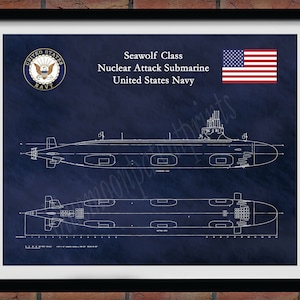 Seawolf Class Submarine Blueprint, USS Seawolf Submarine Poster, Seawolf Class Nuclear Submarine ...