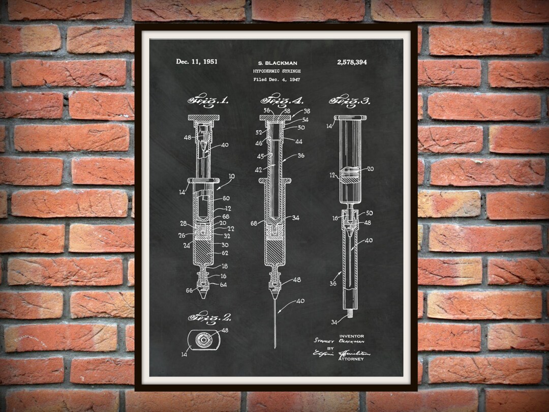 1951 Hypodermic Syringe Patent Print - Medical Poster - Medical Patent ...