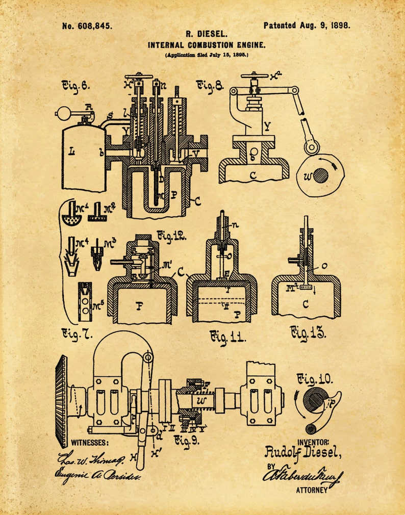 1898 Diesel Engine Patent Print Invented by Rudolf Diesel - Etsy